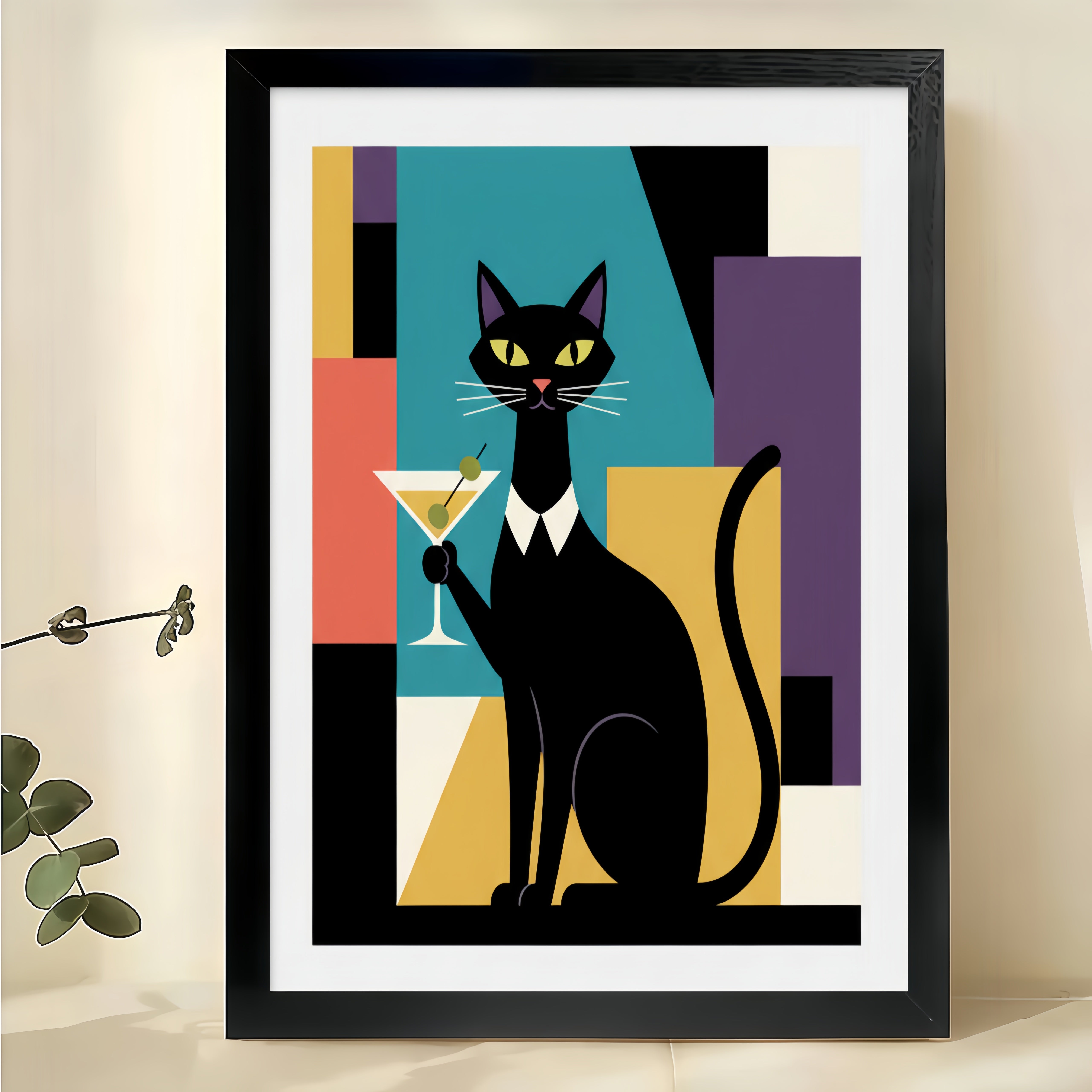 The Geometric Black Cat – Modern Mondrian-Style Wall Art on Natural Wo ...